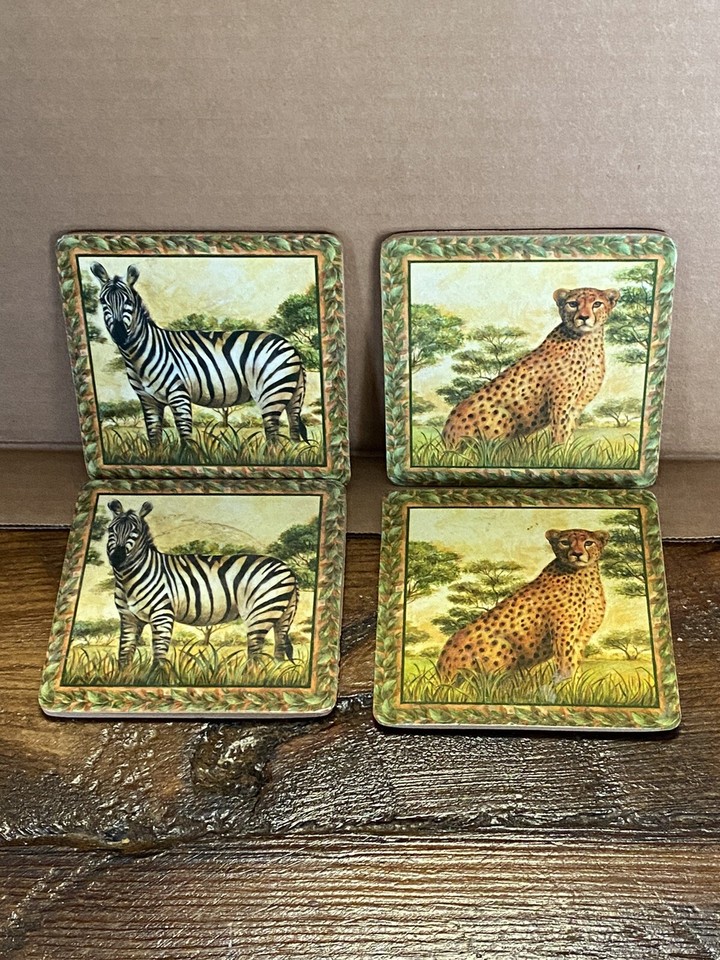 4 AFRICAN SAFARI Coasters w Holder - ZEBRAS & LEOPARDS African Animals ...
