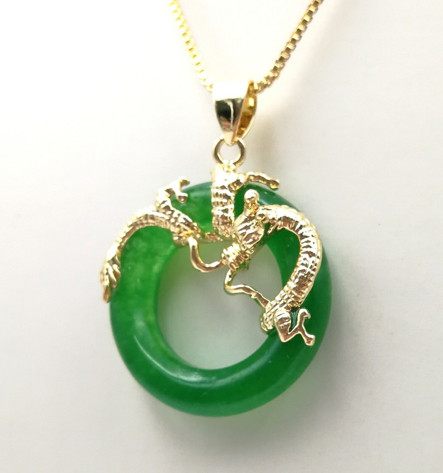 Multicolor Real Jade 18KGP Dragon Coil Round Circle Donut Luck Pendant Necklace | eBay