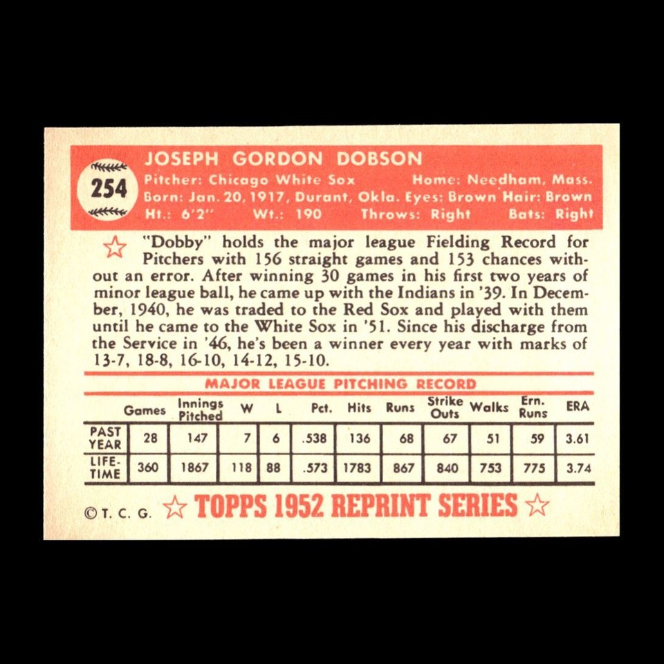 Joe Dobson 1983 Topps 1952 Reprint Series Chicago White Sox #254 NM ...