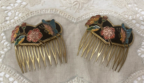 Set of 2 Vintage Cloisonné Hair Combs Colorful Enamel Floral Butterfly ...