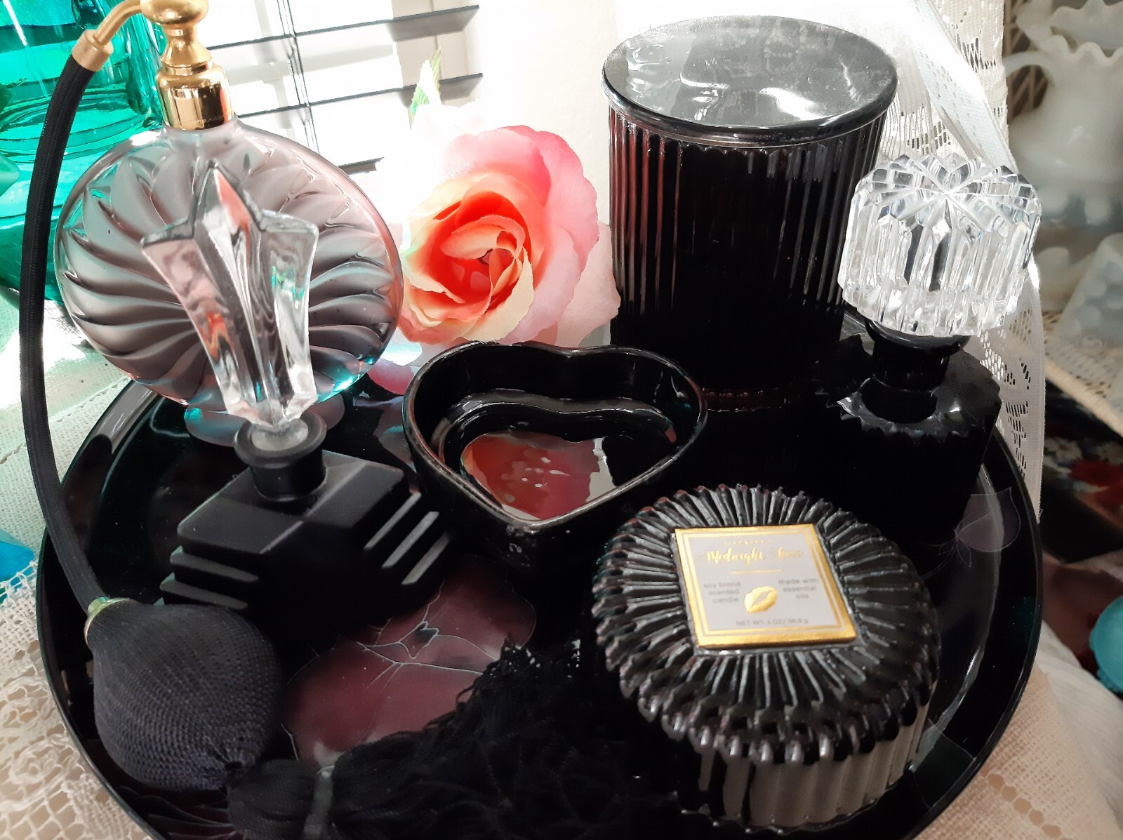 Vintage Black Glass Perfume Vanity Set! wFrench Amethyst Spray! MINT ...