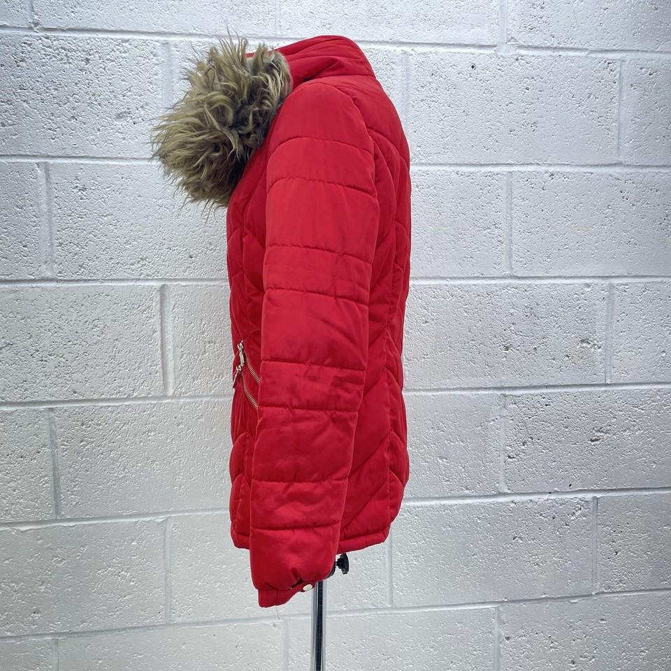 F&F RED PUFFER JACKET FAUX FUX HOOD PADDED COAT GOLD ZIP THICK Y2K UK ...