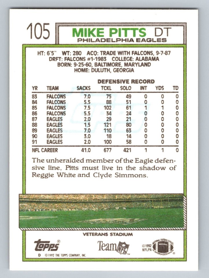 Mike Pitts 1992 Topps #105 Philadelphia Eagles | eBay