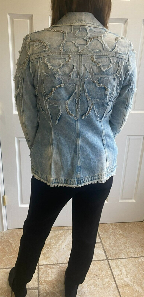 DiShe Jeans Milano Women Distressed Denim Jacket w/ Rhinestones Size L ...