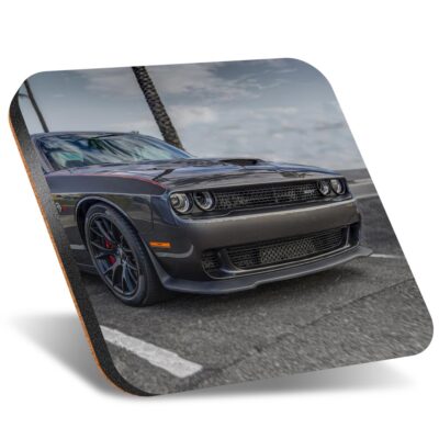 1x Square Coaster 12cm Black Challenger Muscle Car Palm Tree Beach ...