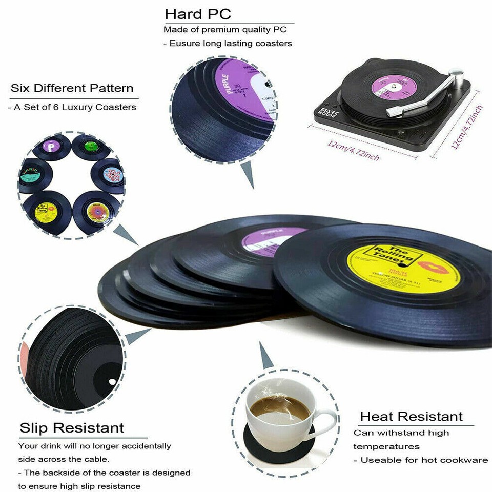6 Pack Cup Pad Vinyl Coasters Retro Disk Coaster with Holder For Table ...