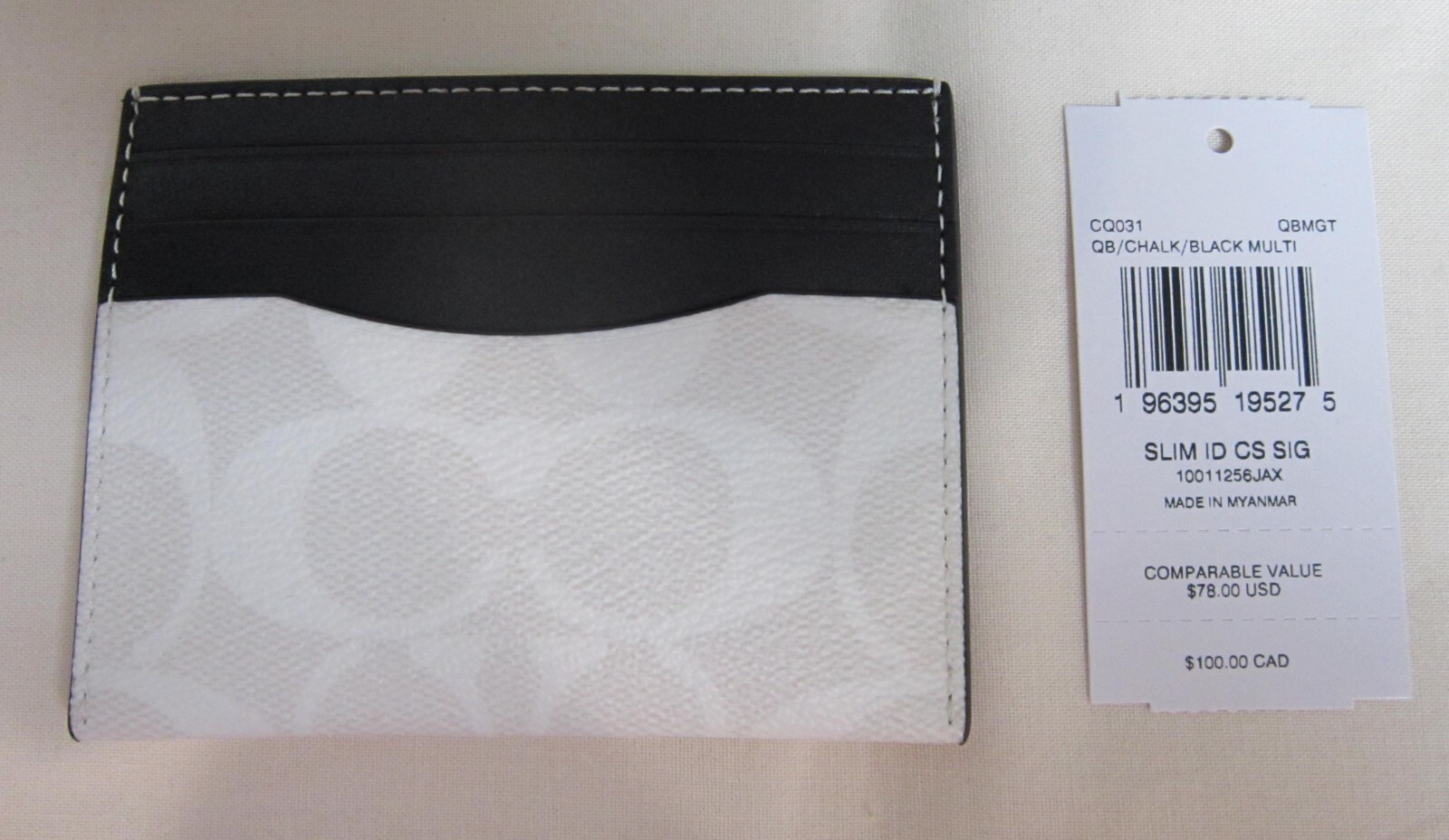 Coach Pebbled Leather Slim ID Card Case-Chalk/Black Signature CQ031 W ...