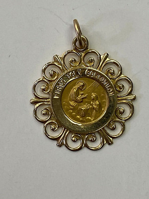 14K YELLOW GOLD FIRST HOLY COMMUNION MEDAL NECKLACE CHARM PENDANT ...