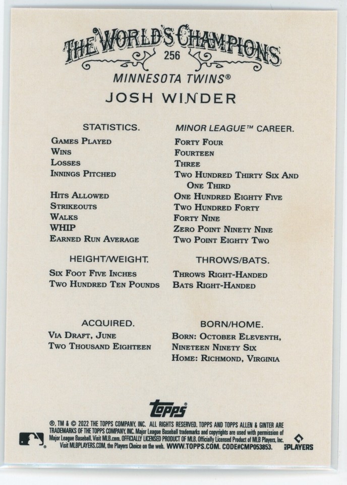 JOSH WINDER 2022 TOPPS ALLEN & GINTER ROOKIE SILVER PORTRAIT #256 RC | eBay