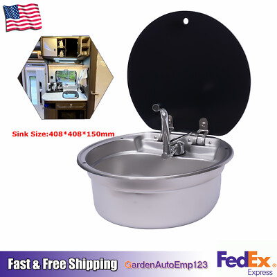 RV Caravan Camper Sink Stainless Steel Hand Wash Basin Sink w/Glass Lid ...