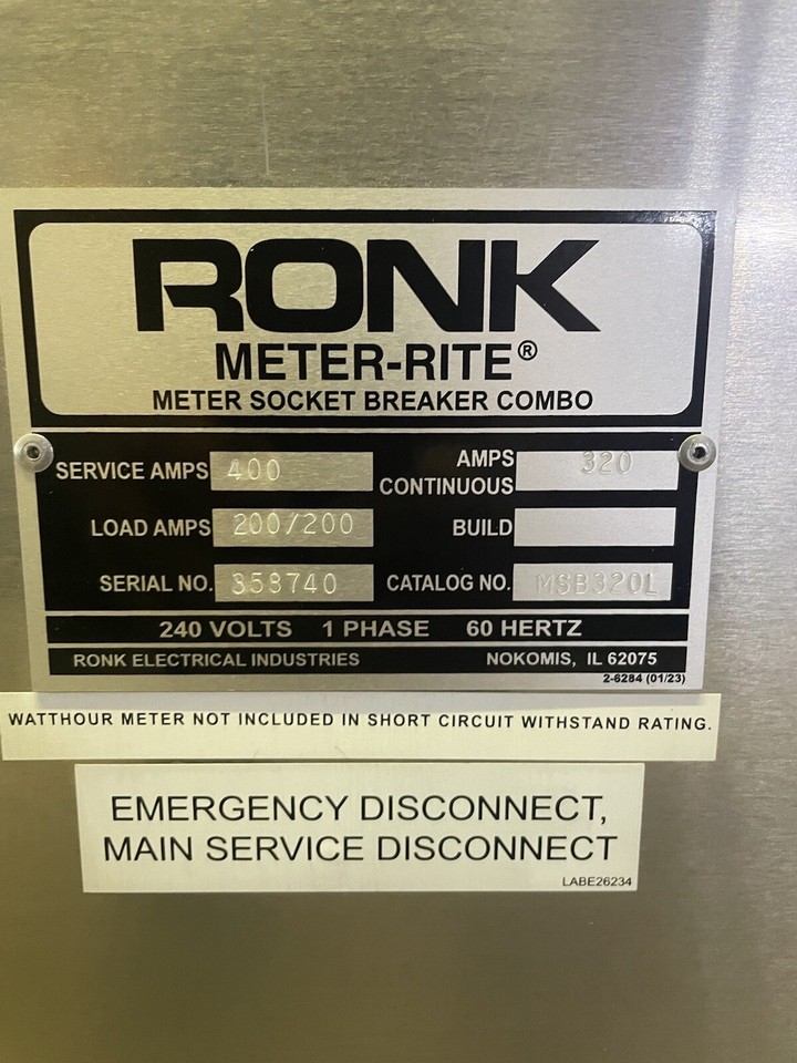 Ronk 320 Amp, Single Phase, Lever Bypass, Meter/Main,With Dual 200 Amp ...
