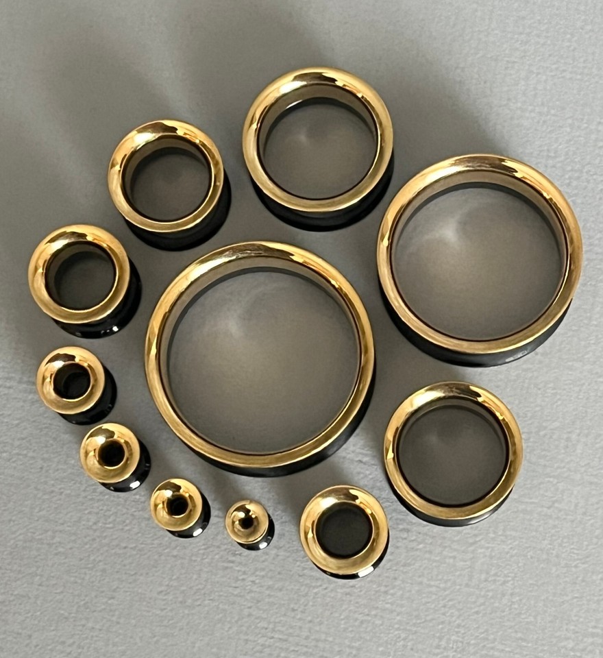 PAIR Black & Gold Internally Threaded Tunnels Plugs Earlets Gauges 3mm ...