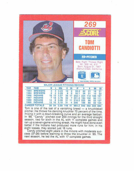 Tom Candiotti #49 Pitcher Clevland #269 Score 1990 Baseball Card | eBay