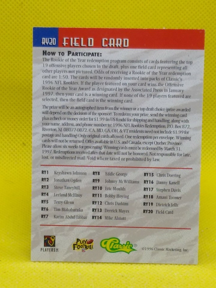1996 Classic '96 Draft Rookie of the Year Interactive FIELD CARD #FY20 ...