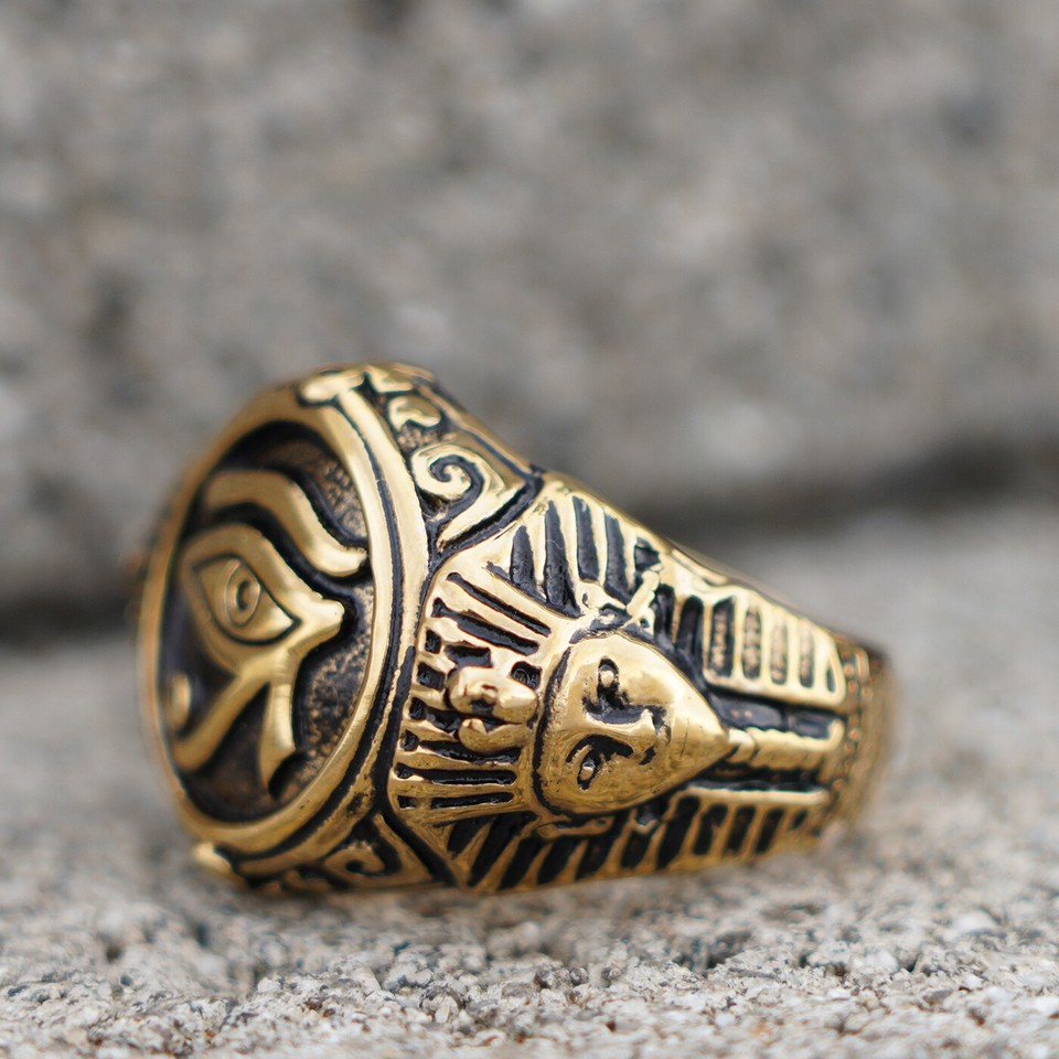 MENDEL Mens Gold Plated Egyptian Eye Of Horus Ra Pharaoh Ring S-Steel ...