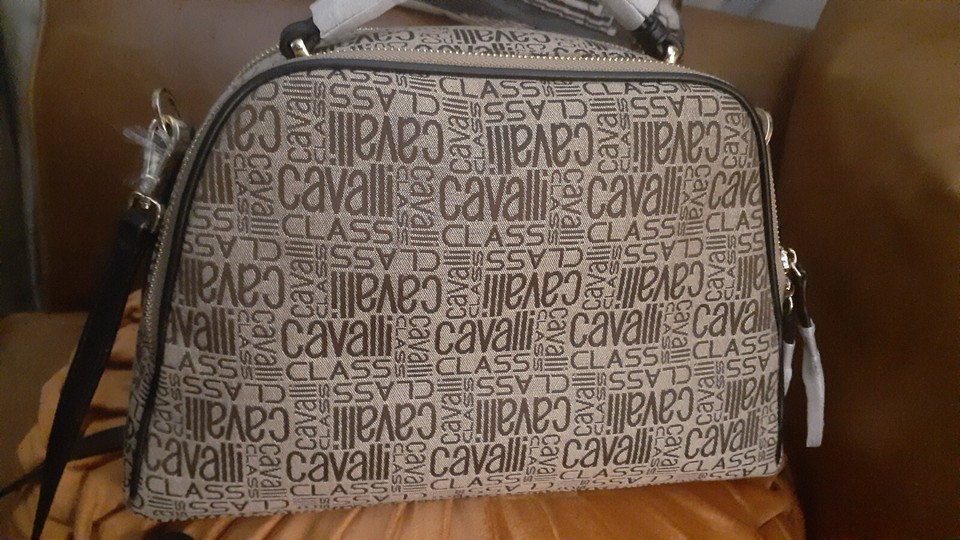 NWOT Roberto Cavalli Class Logo leather trim toile ladies handbag ...
