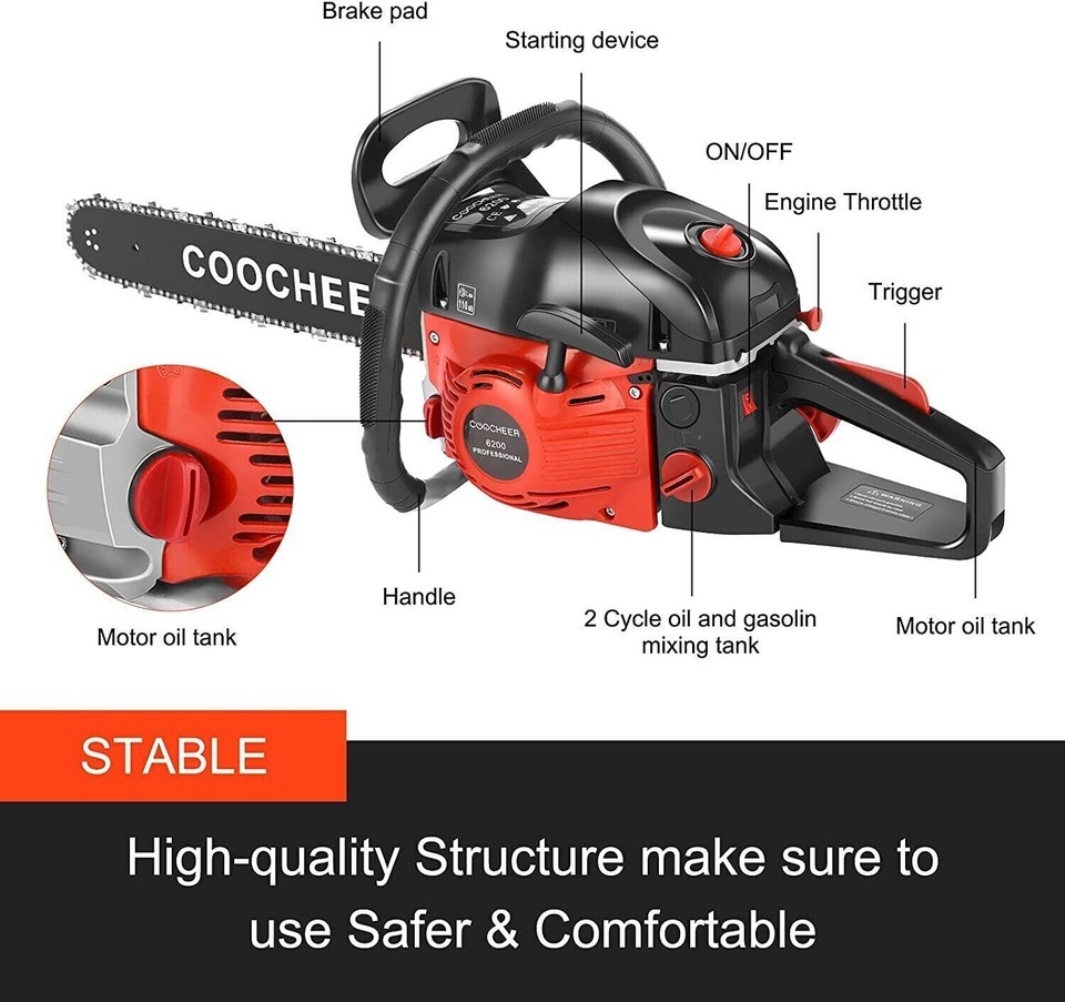 62CC GAS Chainsaw GASOLINE Powered Chain Saw Engine Cutting 2 CYCLE 20 ...