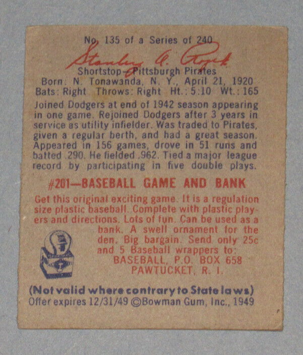 1949 Bowman Baseball Stan Rojek Card #135 | eBay