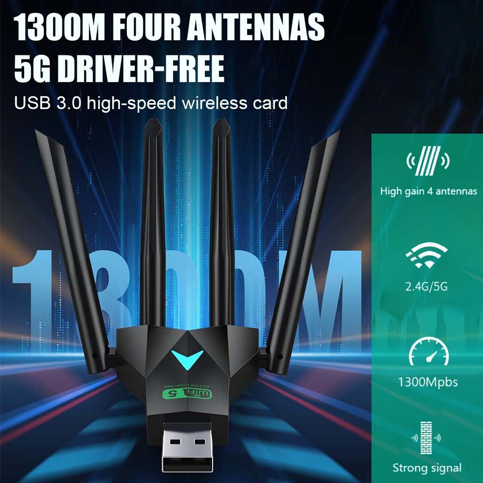 1300Mbps Wireless Dual Band USB 3.0 WiFi 2.4G/5G Network Adapter Dongle ...
