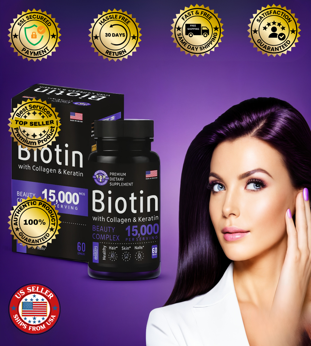 Biotin Capsules with Collagen & Keratin 15,000 mcg - Vegan, All-Natural ...
