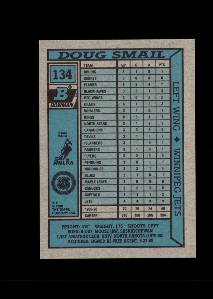 Doug Smail 1990-91 Bowman Hockey #134 Winnipeg Jets | eBay