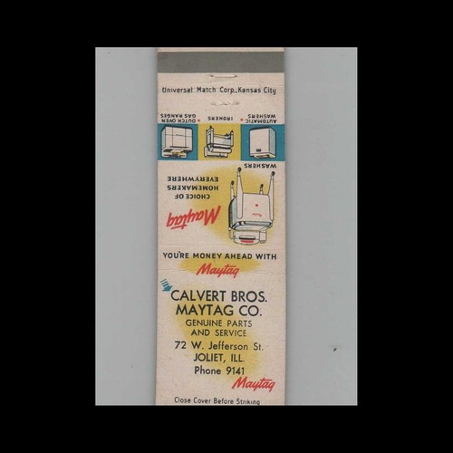 Matchbook Cover Maytag Calvert Bros Maytag Co Joliet IL | eBay