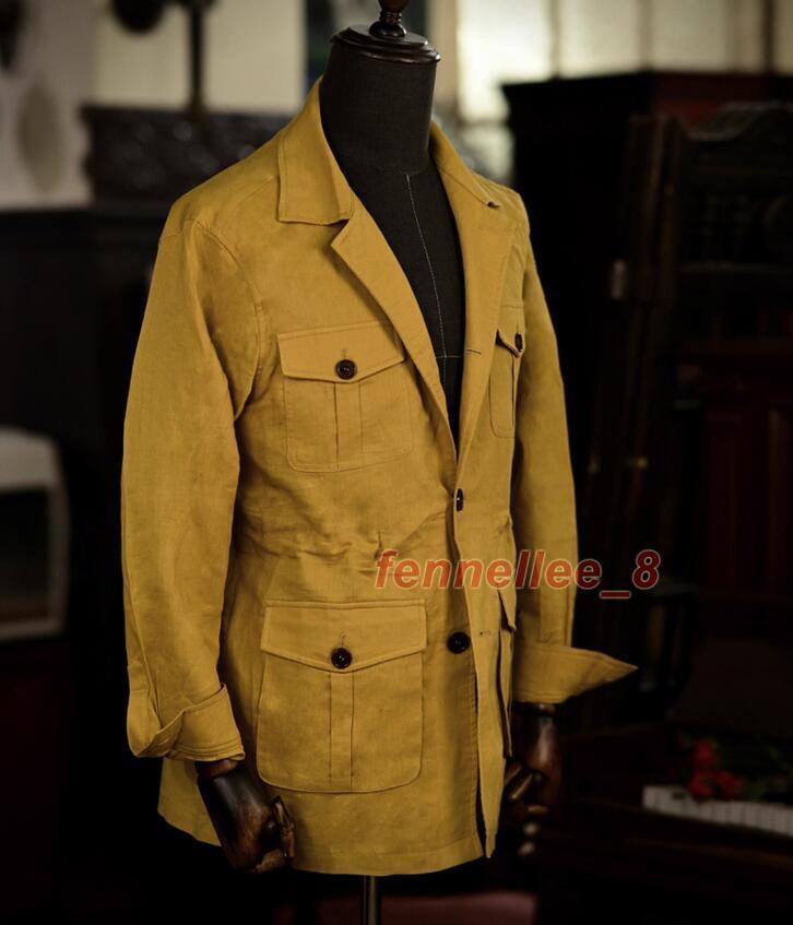 Men's 100% Linen Safari Jacket Pockets Hunting Coat Casual Breathable ...