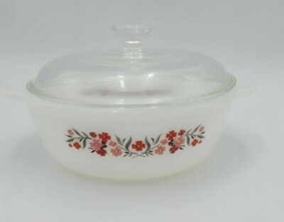 Vintage Fire King Primrose 1 Quart Casserole Dish Pink and Red Flowers ...