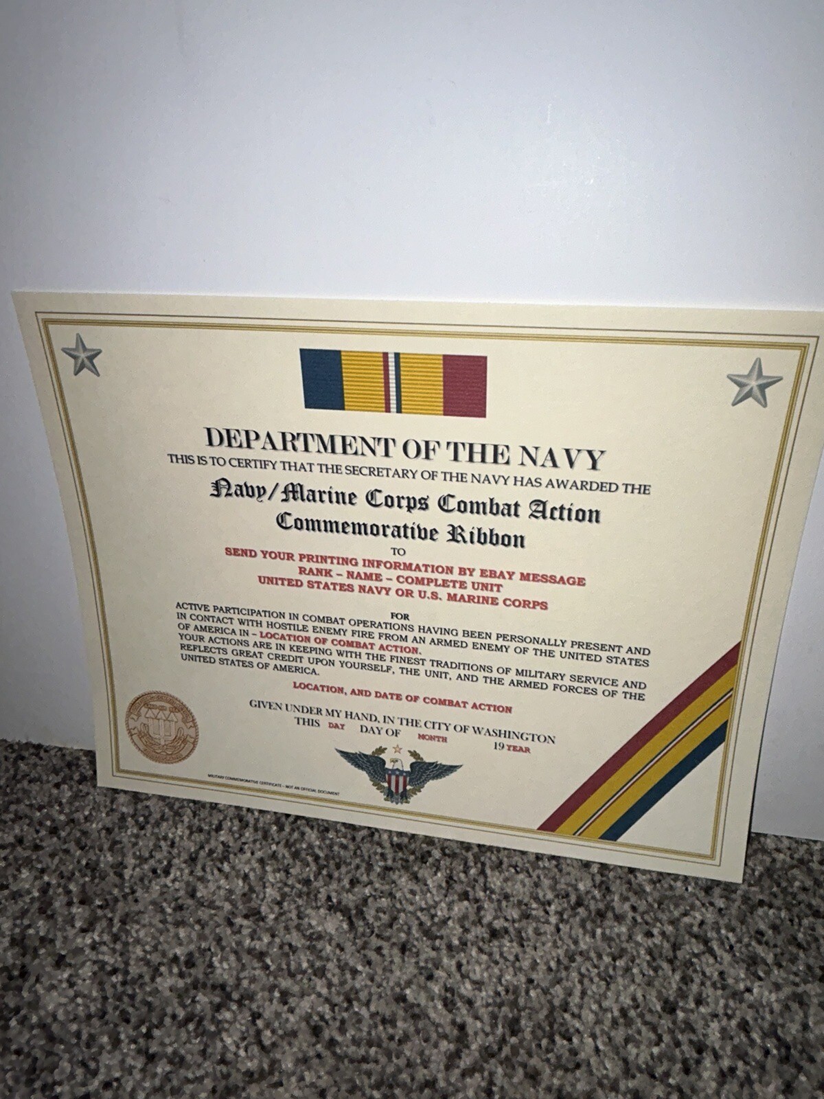 NAVY/USMC COMBAT ACTION COMMEMORATIVE RIBBON CERTIFICATE ~ W/PRINTING T ...