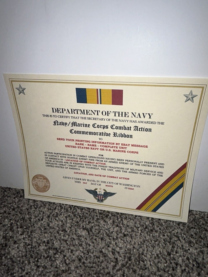 NAVY/USMC COMBAT ACTION COMMEMORATIVE RIBBON CERTIFICATE ~ W/PRINTING T ...