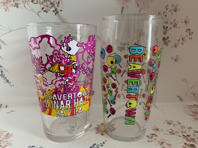 BEAVERTOWN PINT GLASSES x 2 (1 x Neck Oil - Skull and bones 1 x Lunar ...