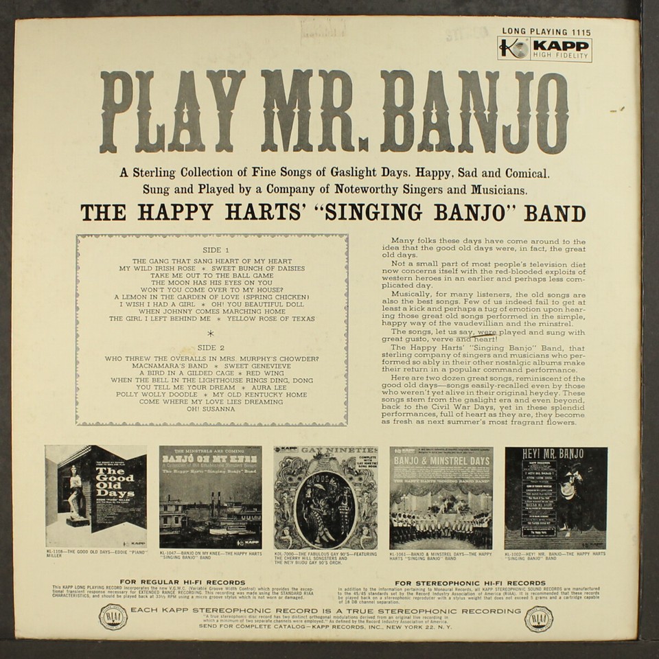 HAPPY HARTS: play mr. banjo KAPP 12" LP 33 RPM | eBay