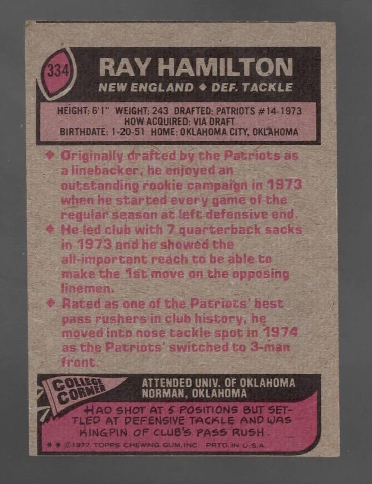 1977 Topps Ray Hamilton New England Patriots #334 Excellent | eBay