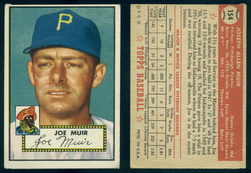 (64924) 1952 Topps 154 Joe Muir White Back Pirates-VG | eBay