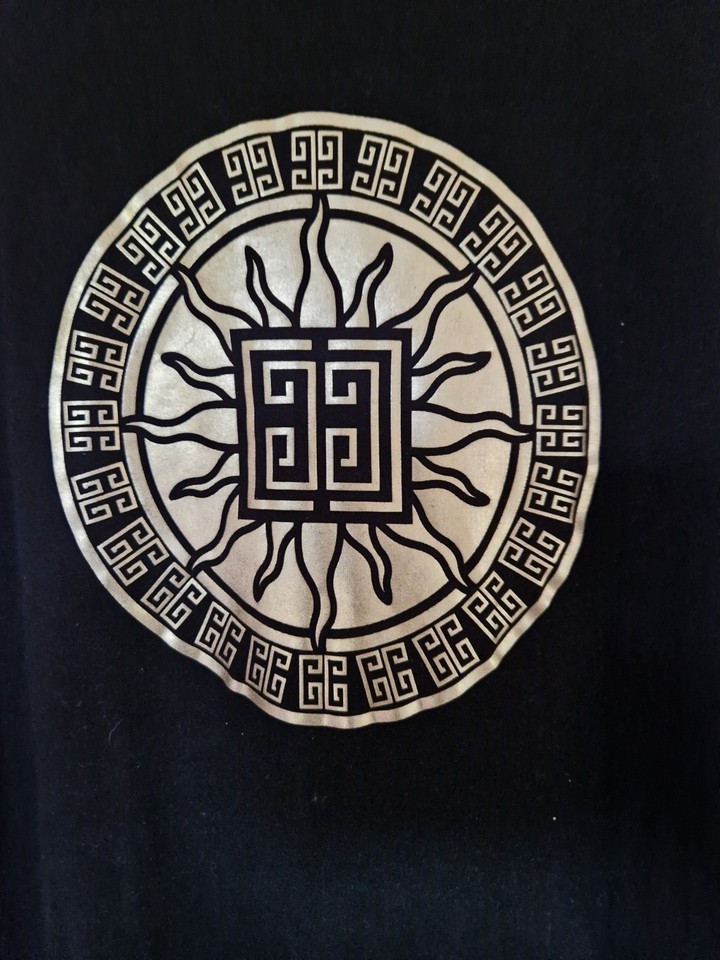 Womens black and gold tunic dress with Inca Mexican sun image approx ...