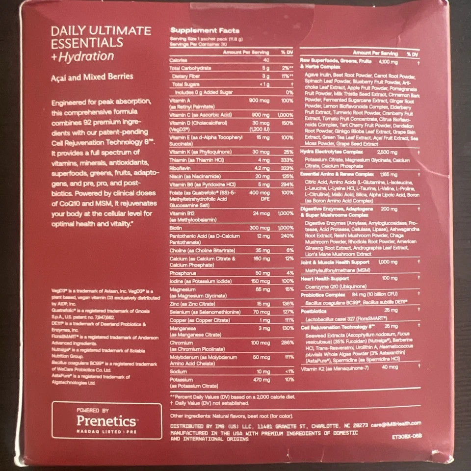 IM8 Health Daily Ultimate Essentials + Hydration 30 Sachet Servings Exp ...