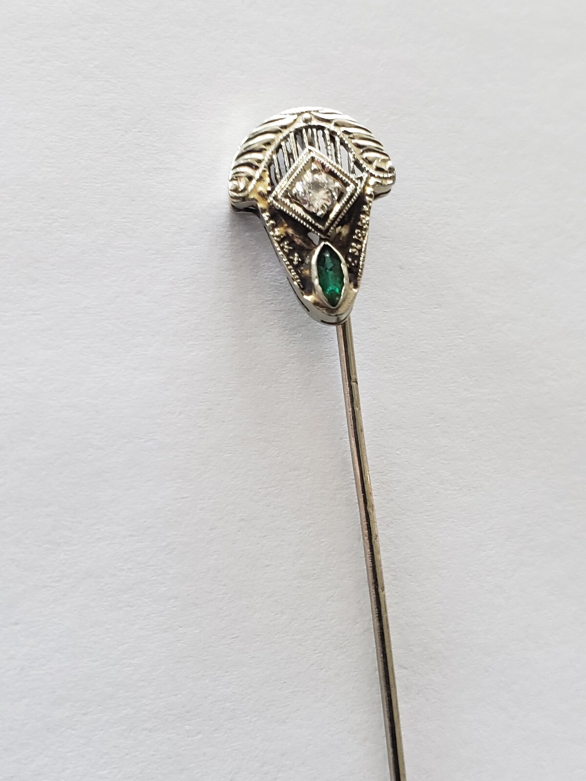 Art Deco 18k Emerald Diamond Stick Pin - Gem