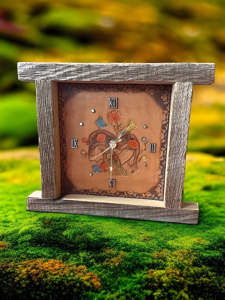 Vintage Tooled Leather Handmade Barn wood Frame Clock Nature Mushrooms ...
