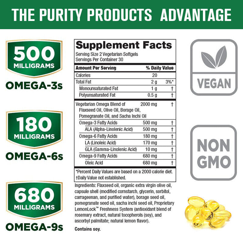 Omega 3-6-9 Vegan Capsules 1360mg High Strength Support Eye & Brain ...