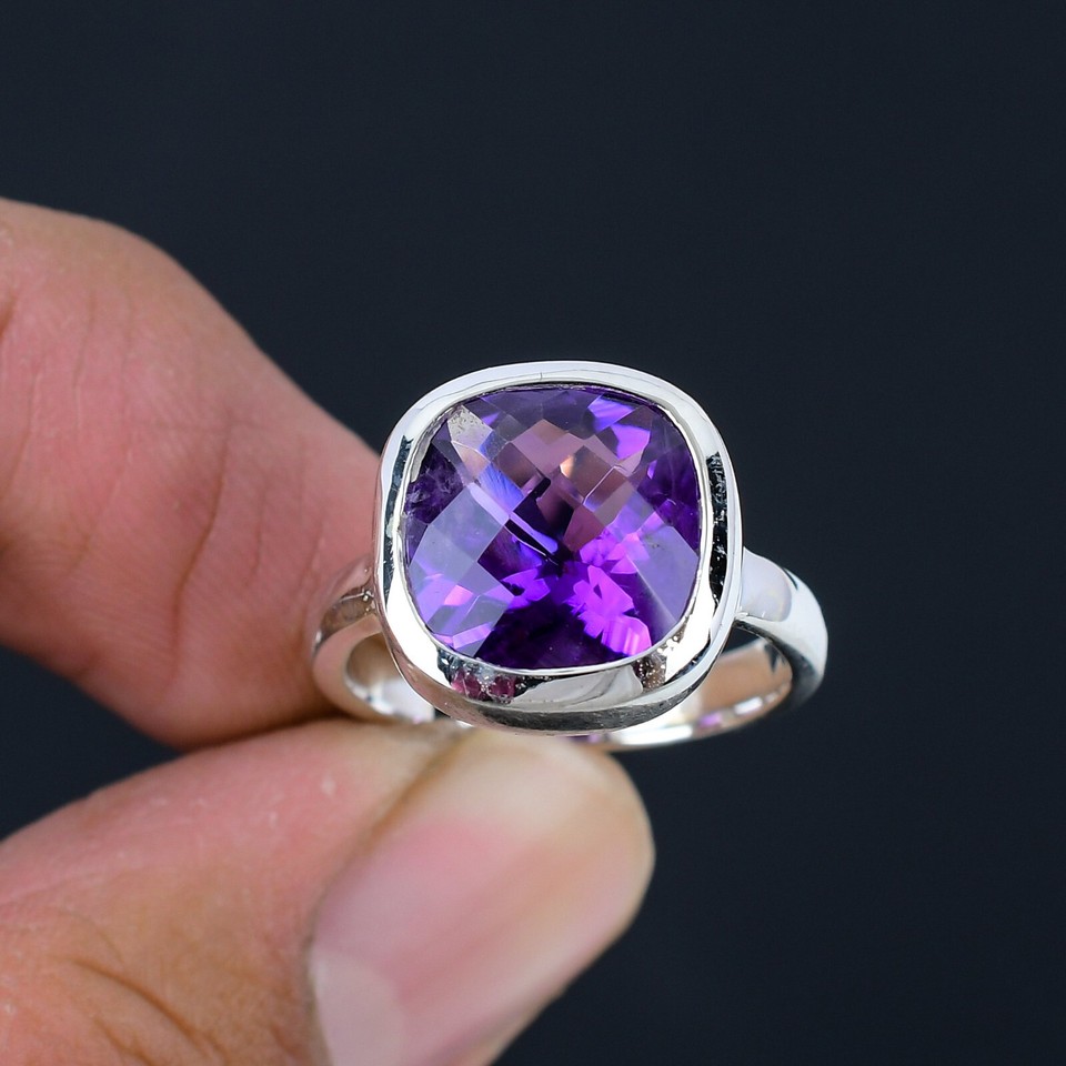 Faceted Amethyst Gemstone Solid 925 Sterling Silver Ring Jewelry For ...