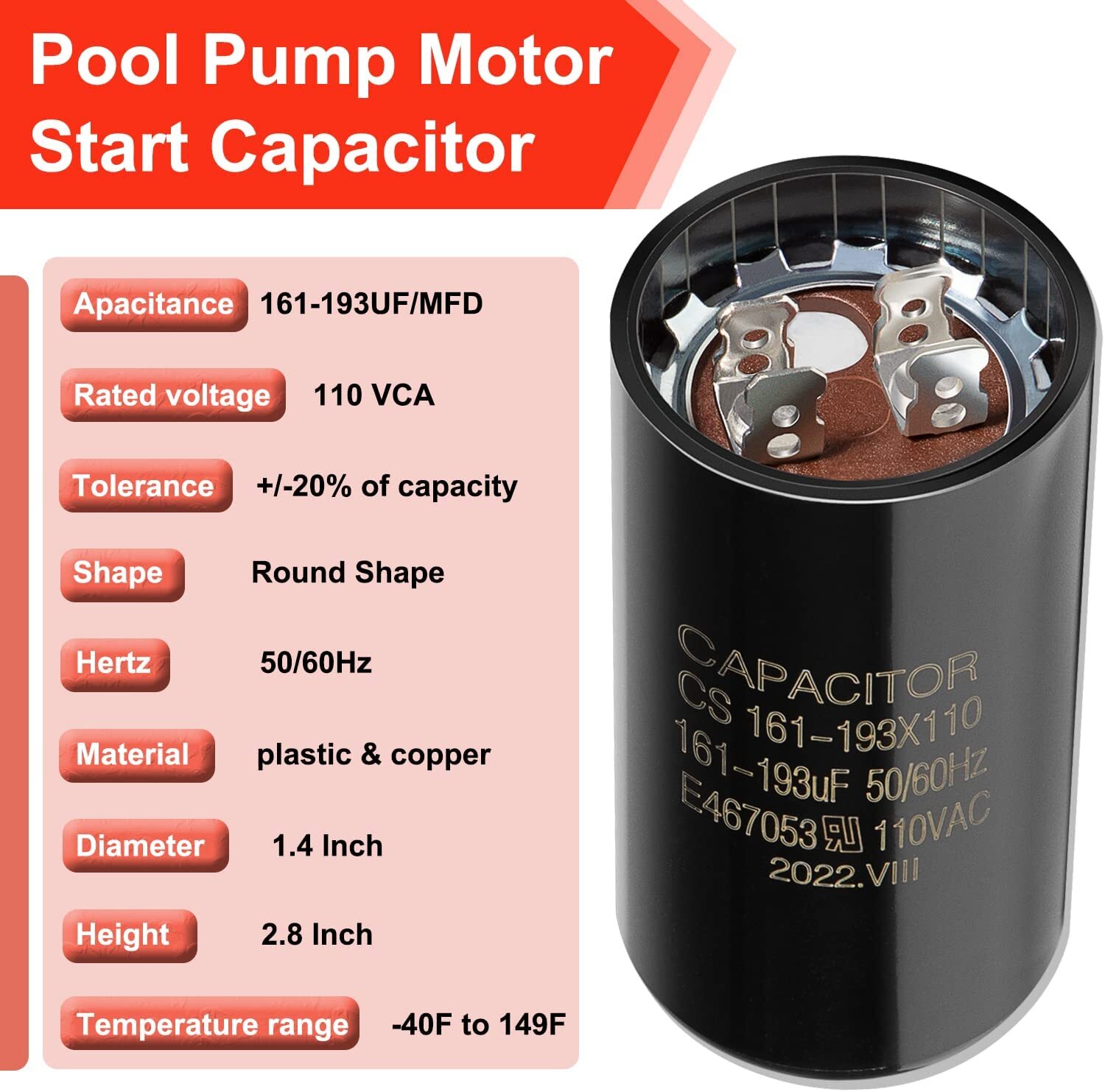 For Hayward Pool Pump Motor Start Capacitor 161-193UF 50/60 Hz 75HP 1 ...