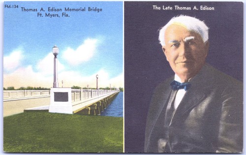 Postcard FL Thomas A Edison Memorial Bridge & Portrait Fort Myers ...