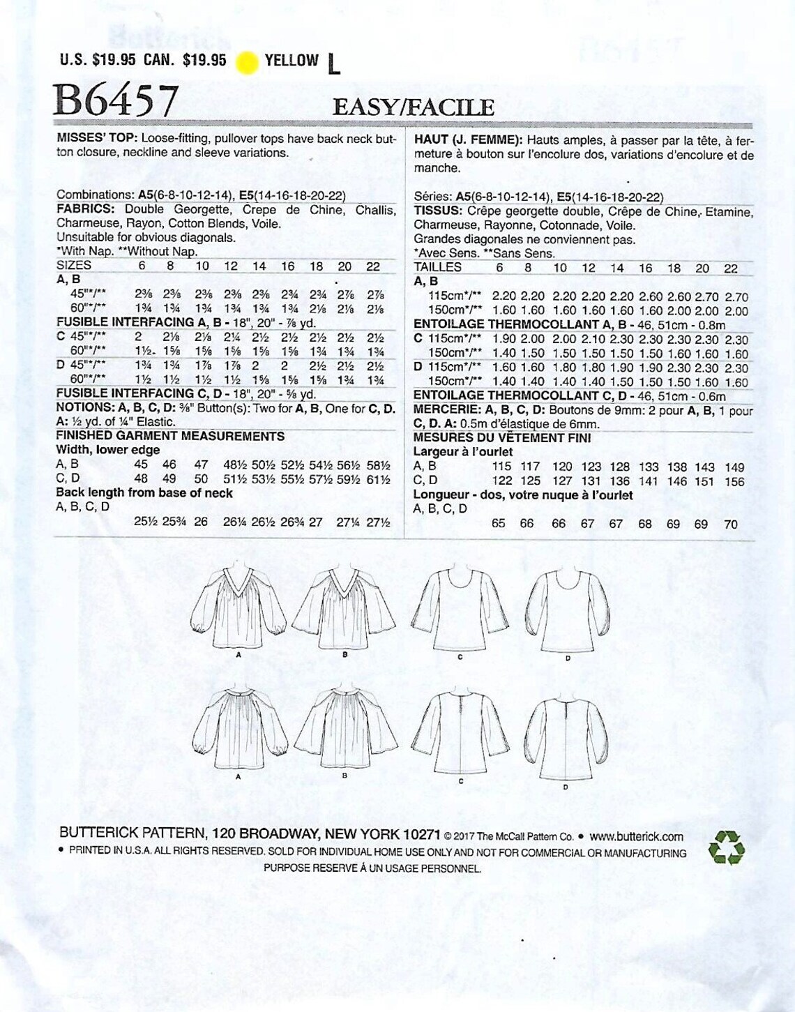 Butterick 6457 Sz 6-22 EASY Peasant Tops V Neck Puff Sleeve Boho Loose ...