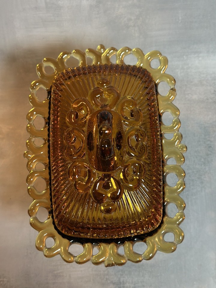 Vintage Open Lace Amber Indiana Glass Rectangle Candy Dish Pedestal ...