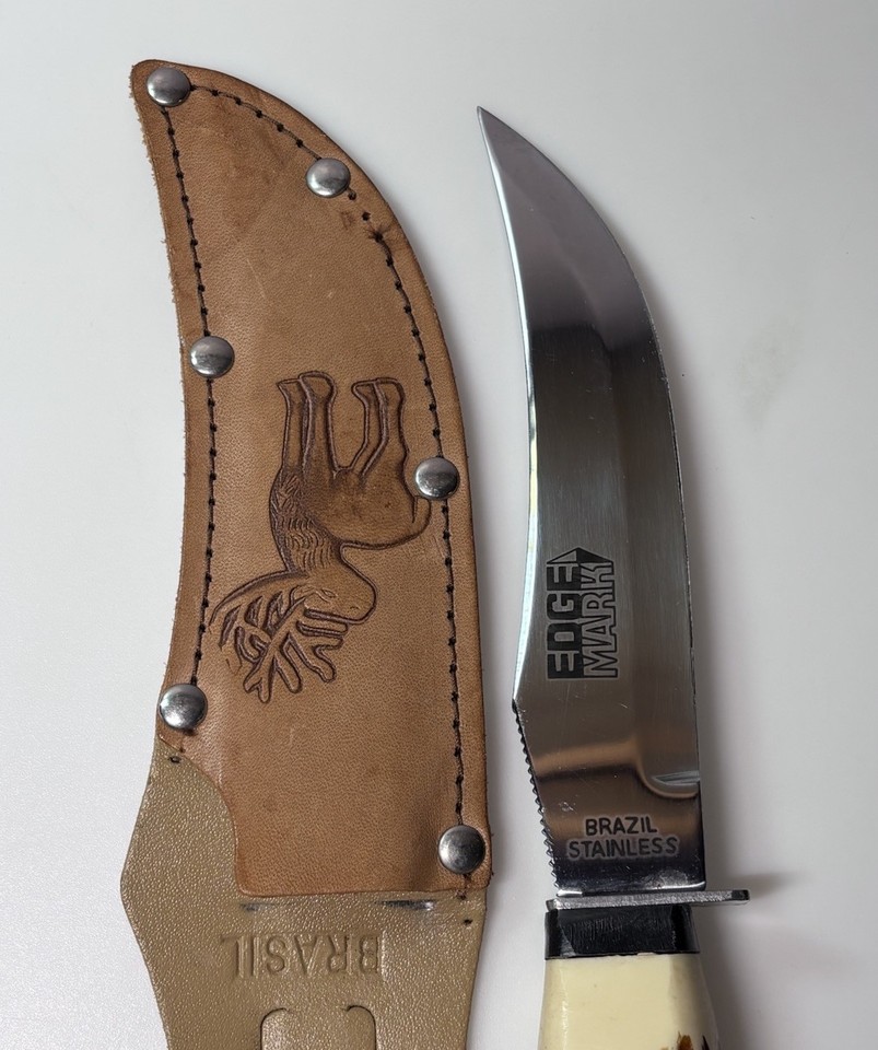 Vintage Edge Mark Fixed Blade Knife Stainless Brazil Brown Leather ...