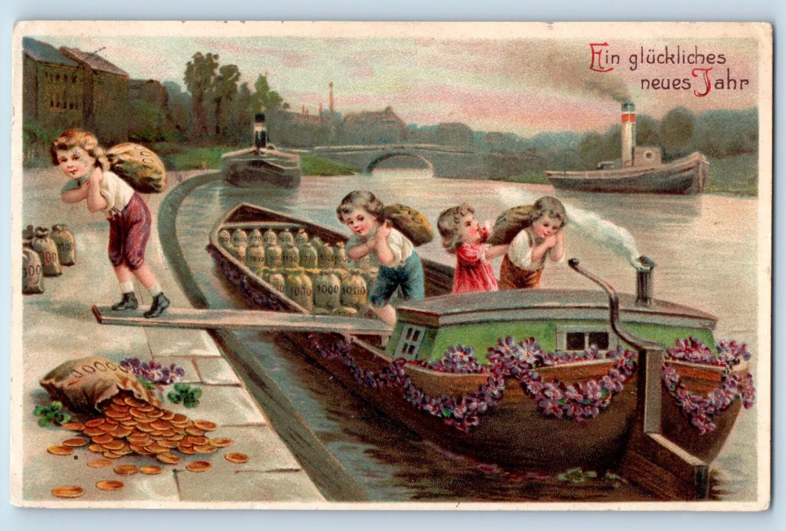 New Years Postcard Good Fortune Ship Childrens Carried Sack Of Coins ...