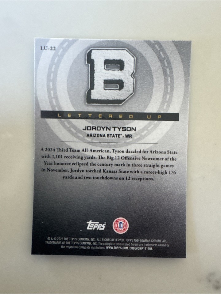 2025 Bowman University Chrome - Lettered Up! Jordyn Tyson #LU-22 (RC ...