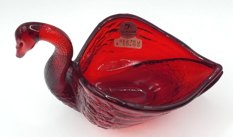 Fenton Ruby Red Swan Open Dish Tealight Glass Original Sticker Stamped ...
