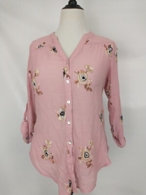 Fig and Flower Embroidered Button Up Top Womens S Pink Roll Tab Sleeves ...