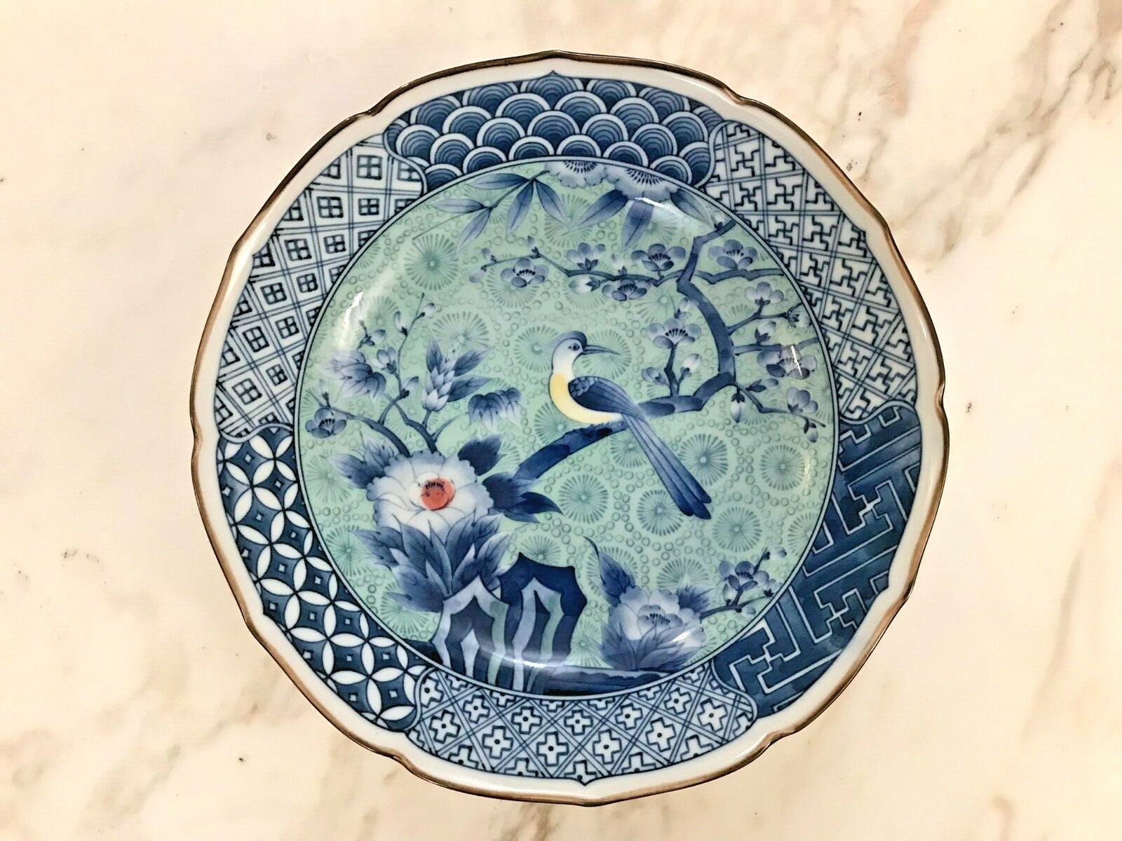 Vintage Japanese Arita-Yaki Porcelain Blue White Bird Flower Large Bowl ...